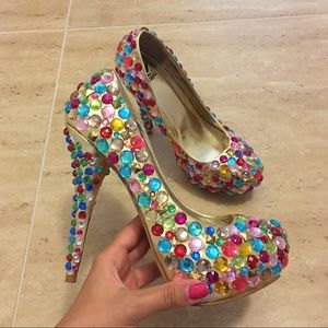 Shiekh | Shoes | Multi Color Beaded Rhinestone Metallic Heels | Poshmark